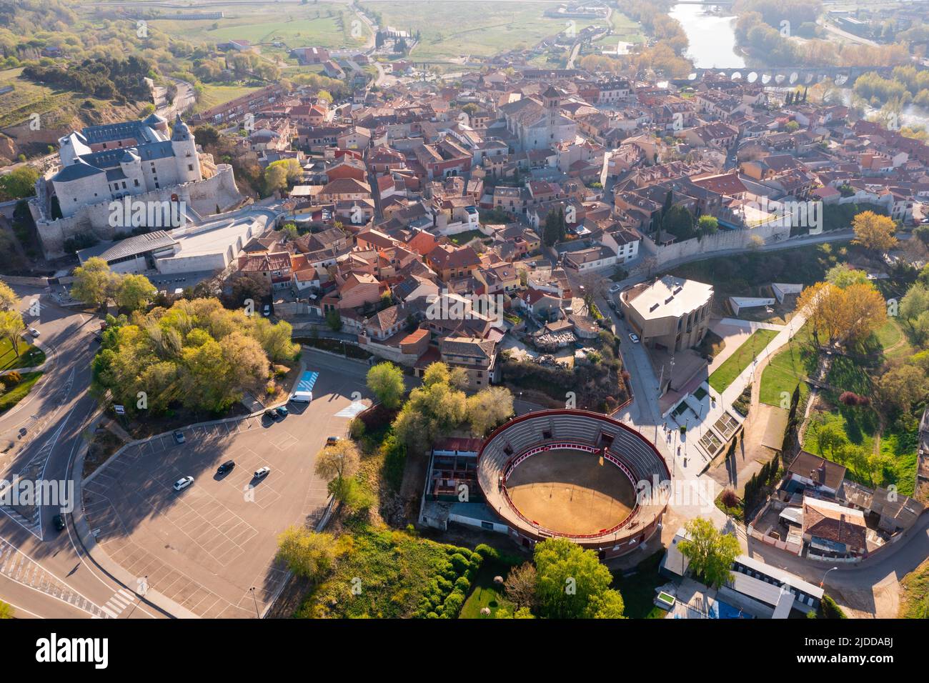Aerial view of Simancas overlooking bullring and medieval castle Stock ...