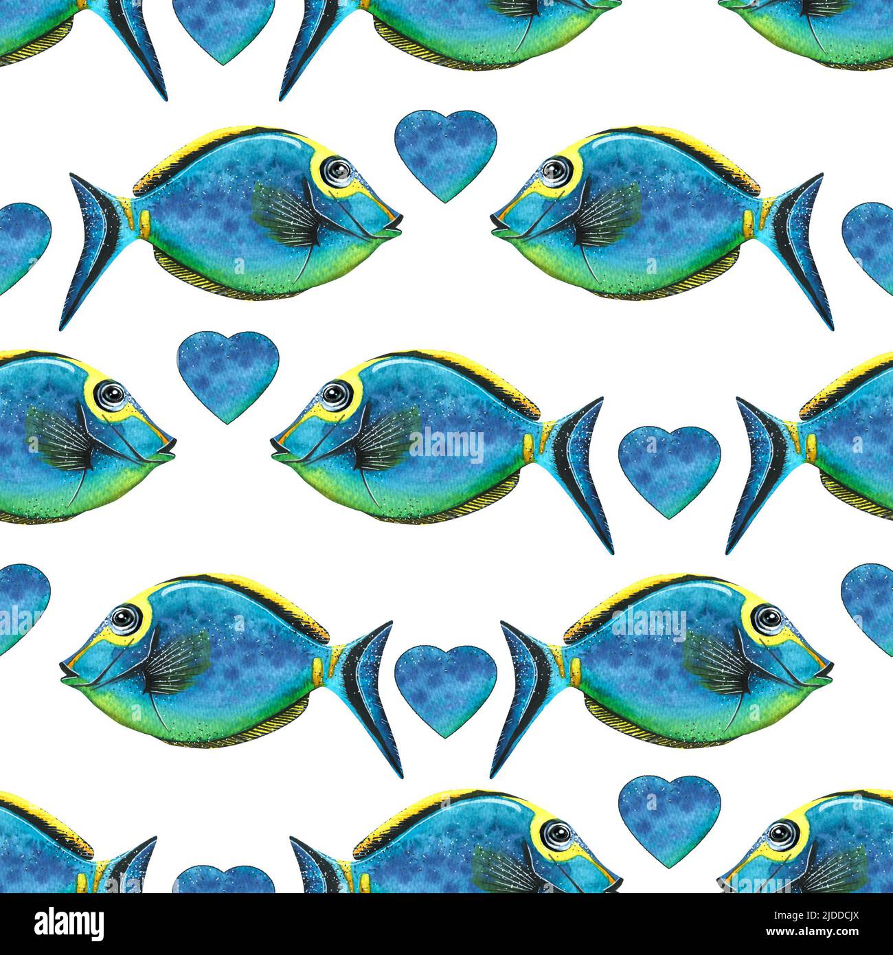 Bright blue fish with hearts. Watercolor illustration. Seamless pattern ...