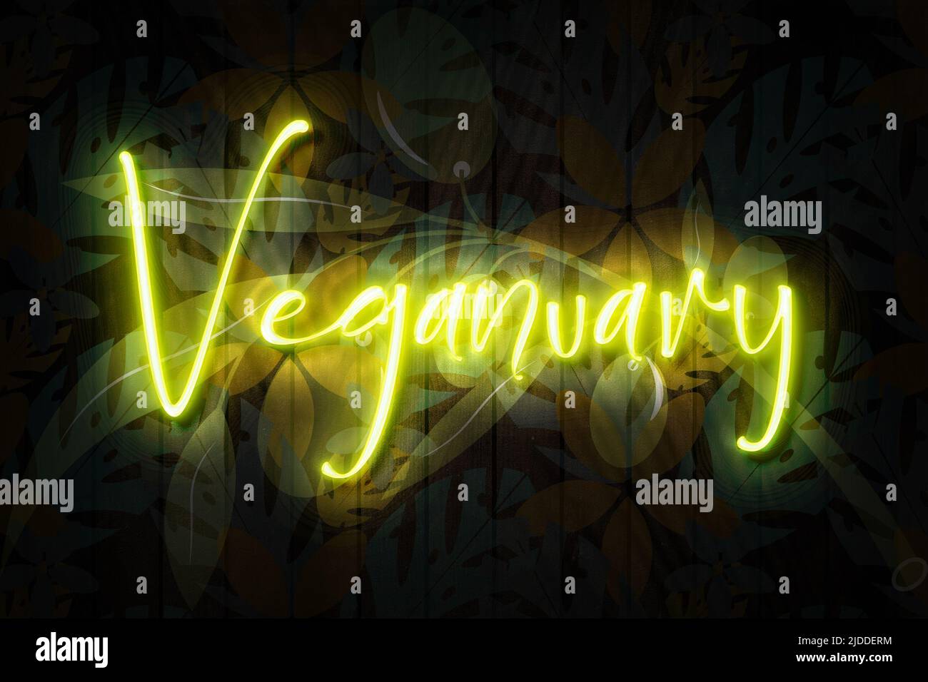 Veganuary Neon Sign on a Dark Plant decorated Wooden Wall 3D ...