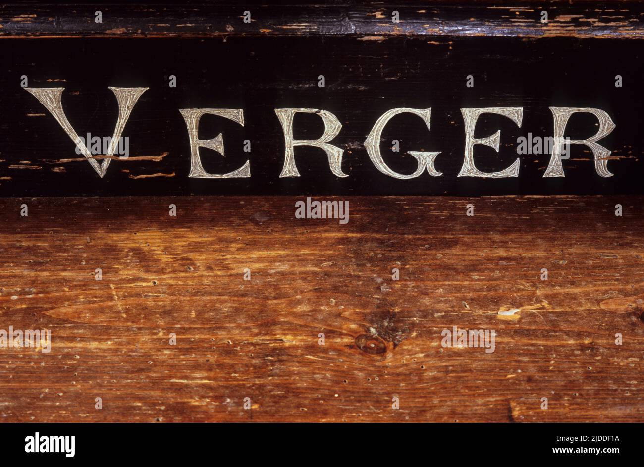 Antique sign in handpainted Georgian lettering on bench or church pew ...