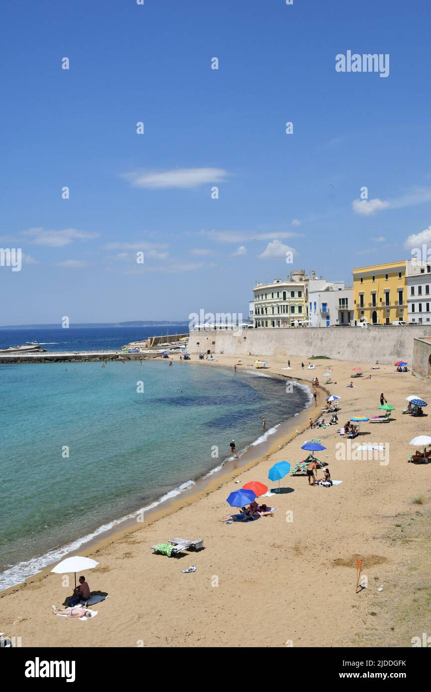 The beach below the old town of Gallipoli, in the province of Lecce ...