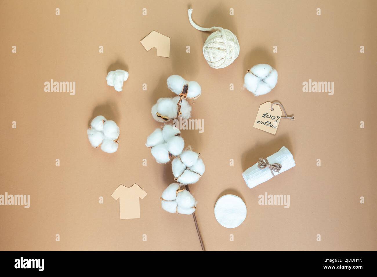 Cotton branch and cotton products on a beige background. Clothes ...