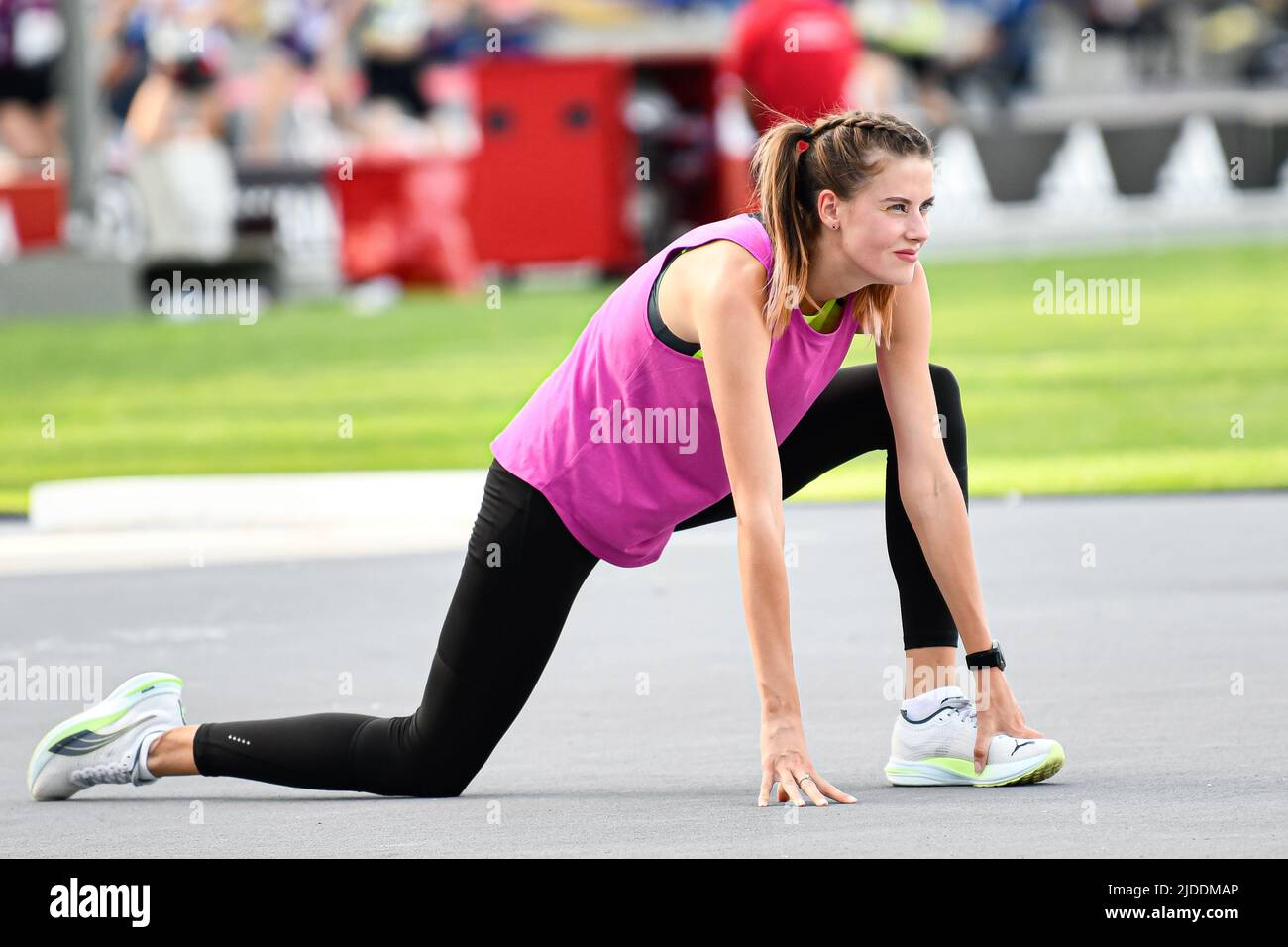 Yaroslava Mahuchikh of Ukraine (women's high jump) warms up during the ...