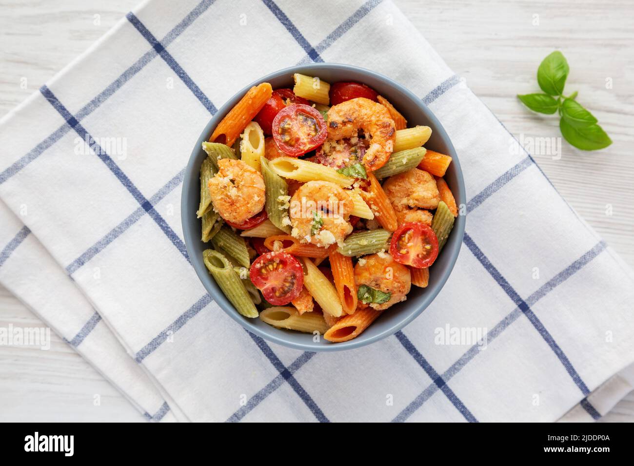 Homemade Tri-Color Penne Salad with Shrimp, Tomato and Basil Bread ...