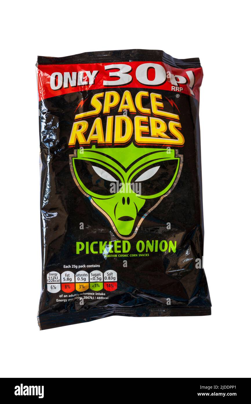 Packet of Space Raiders Pickled Onion Flavour Corn Snacks isolated on ...