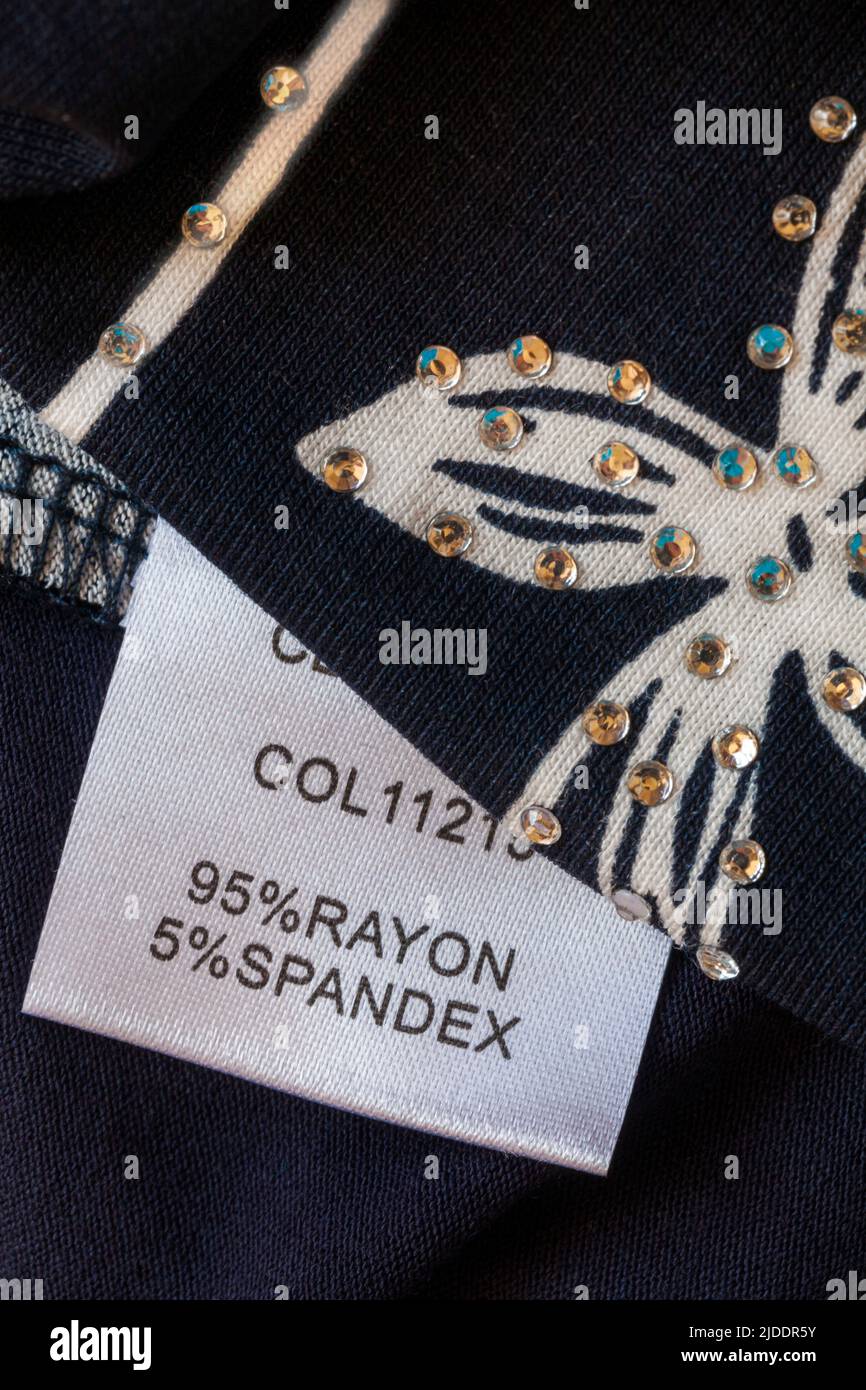 95% rayon 5% spandex label in woman's top Stock Photo - Alamy