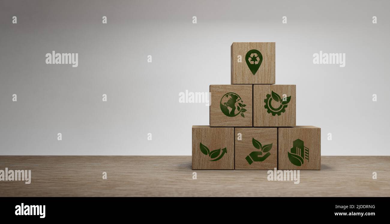 Carbon ecological footprint symbols wooden cubes 3D Rendering Stock ...