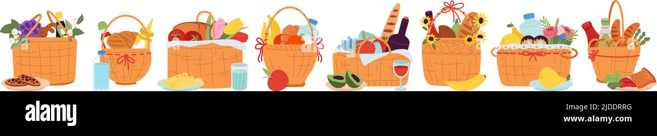 Picnic basket. Cartoon baskets collection, hamper with wine cheese meat ...