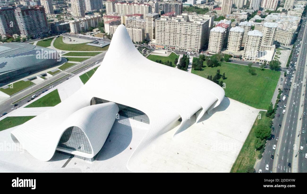 Heydar Aliyev Centre, City of Baku, skyline drone aerial top view ...