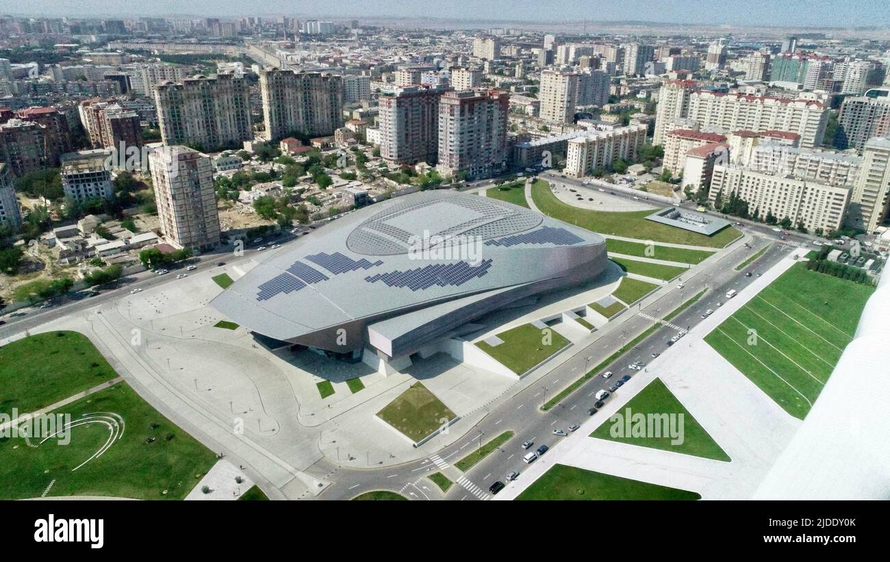 Heydar Aliyev Centre, City of Baku, skyline drone aerial top view ...