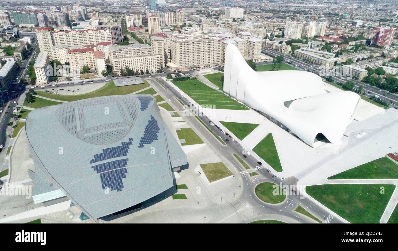 Heydar Aliyev Centre, City of Baku, skyline drone aerial top view ...