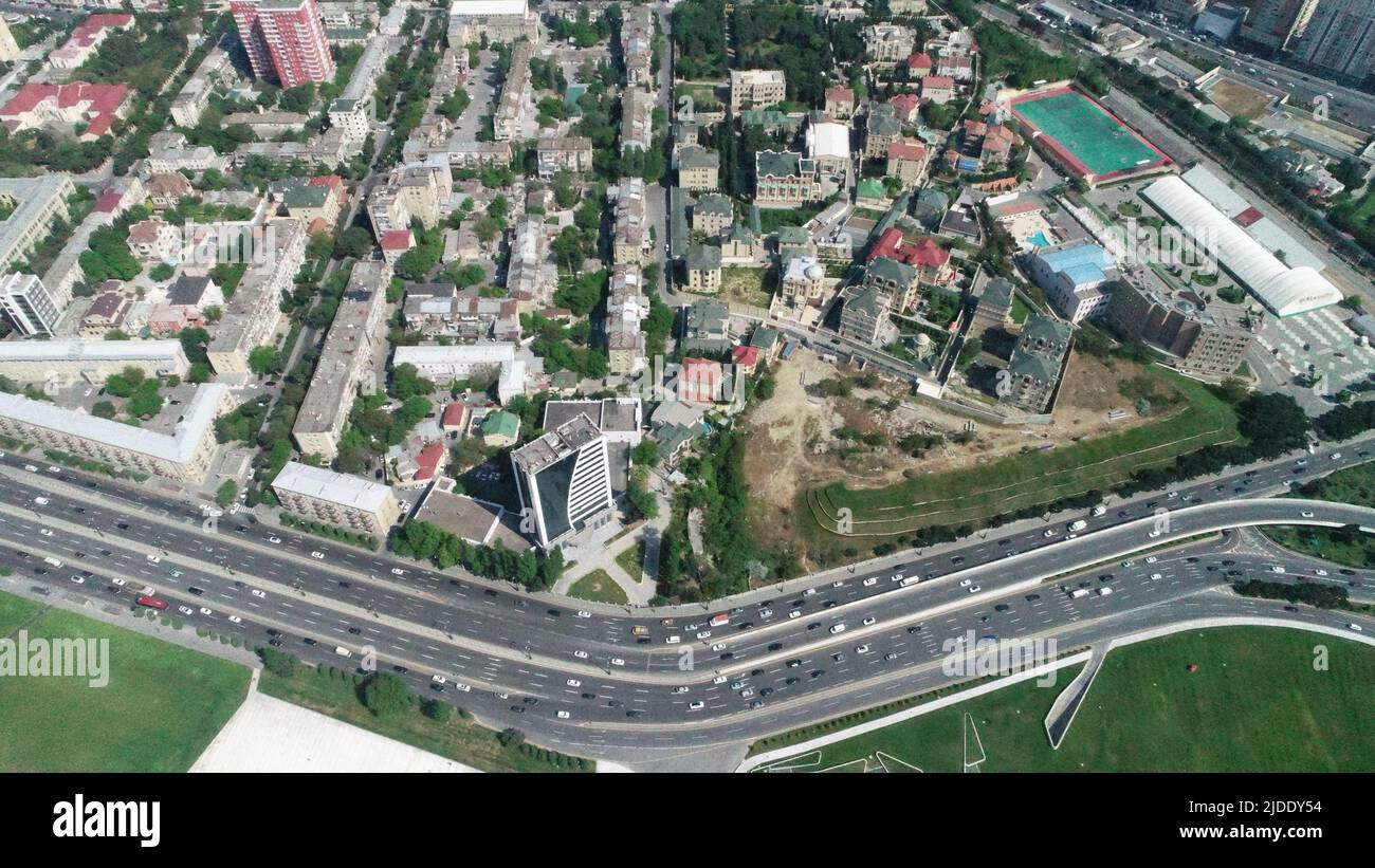 Heydar Aliyev Centre, City of Baku, skyline drone aerial top view ...