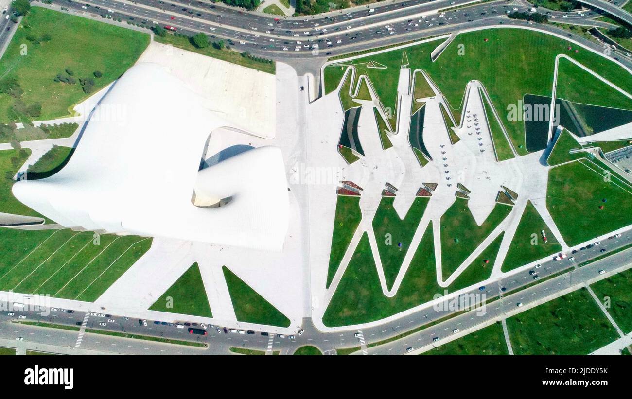 Heydar Aliyev Centre, City of Baku, skyline drone aerial top view ...
