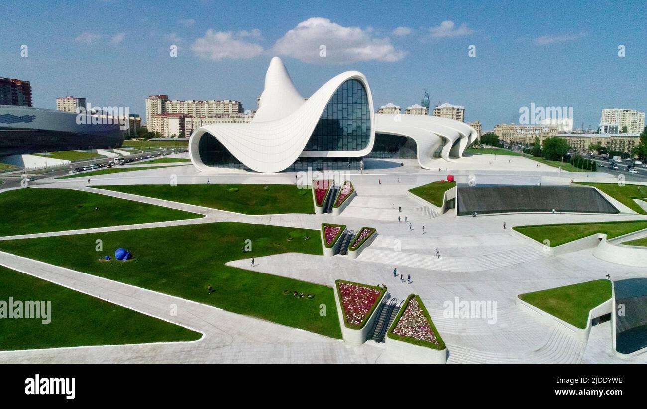 Heydar Aliyev Centre, City of Baku, skyline drone aerial top view ...