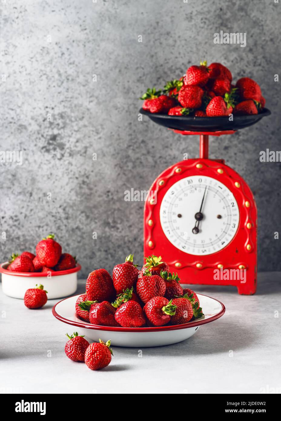 Freshly picked organic strawberries from the garden in white enamel ...