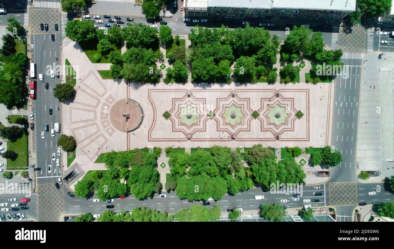 Heydar Aliyev Park and statue, City of Baku, skyline drone aerial top ...