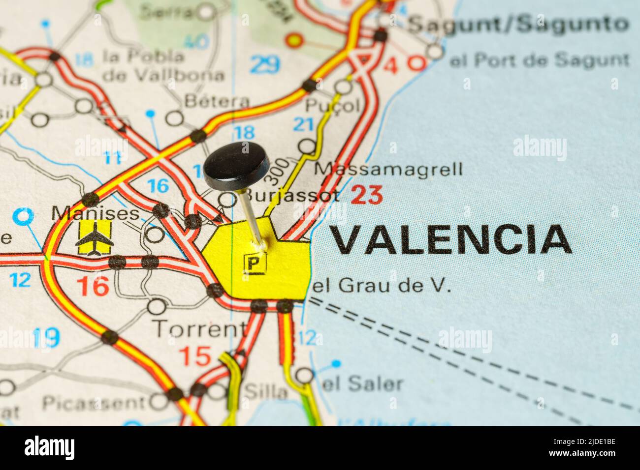 Tourist destination of Valencia marked with a pin on a map, macro photo ...