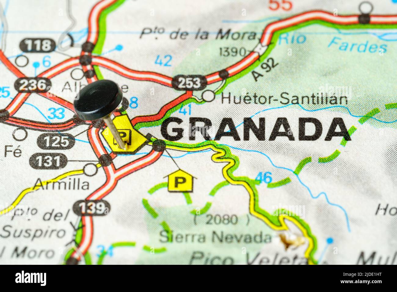 Tourist destination of Granada with a pin on a map, macro photo Stock ...