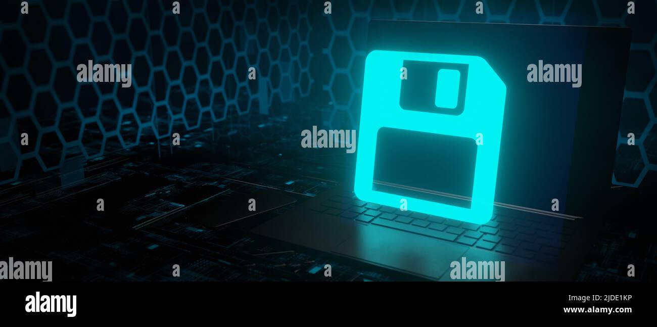 Save disk copy glowing icon laptop technology background 3D render ...