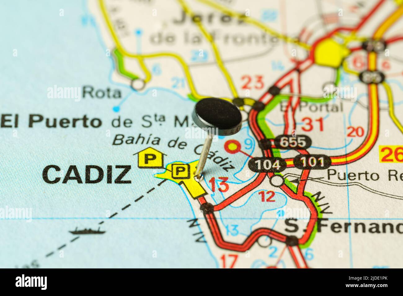 Tourist destination of Cadiz with a pin on a map, macro photo Stock ...