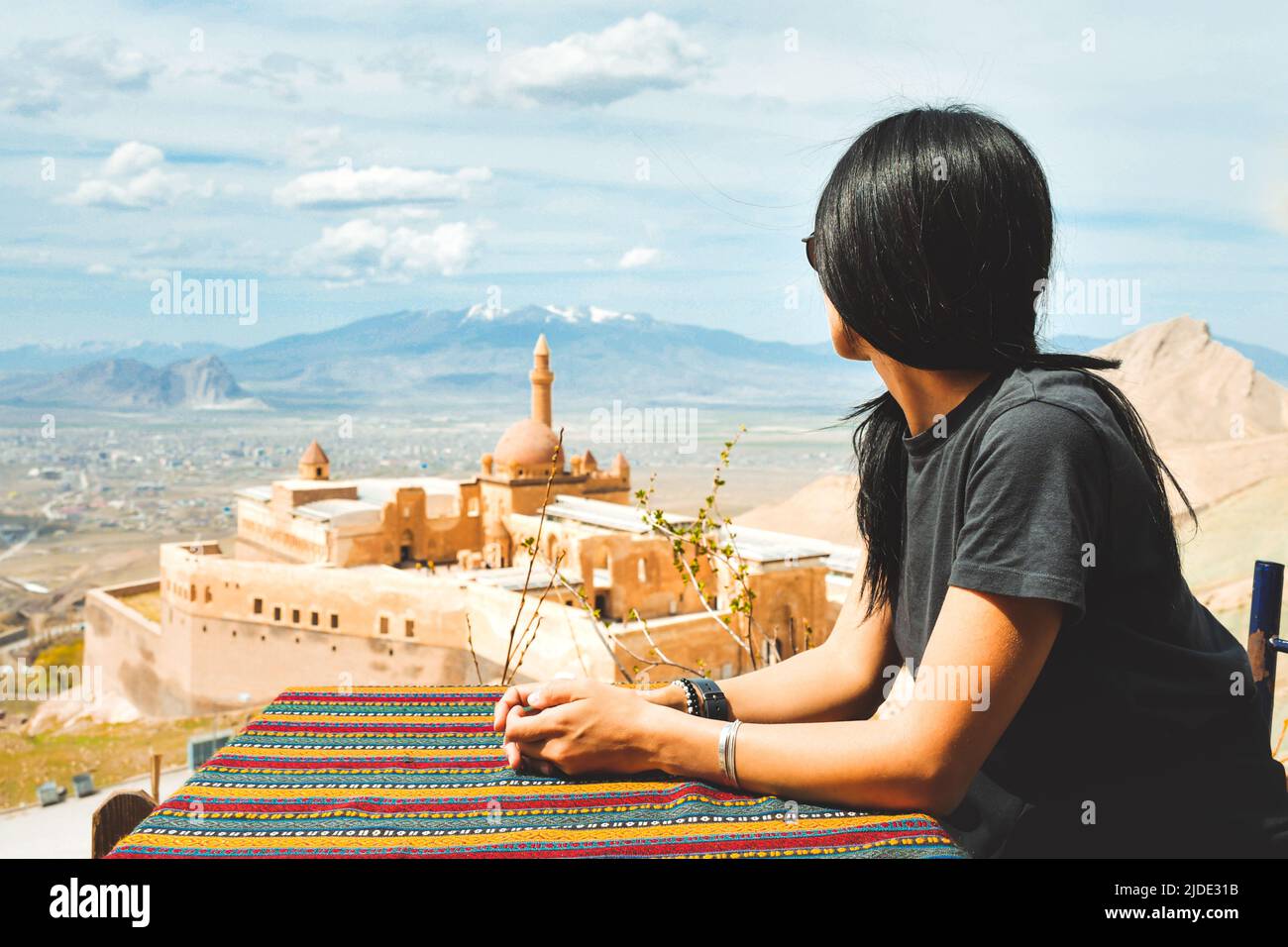Female tourist walk admire explore interior of Ishak Pasha palace near ...
