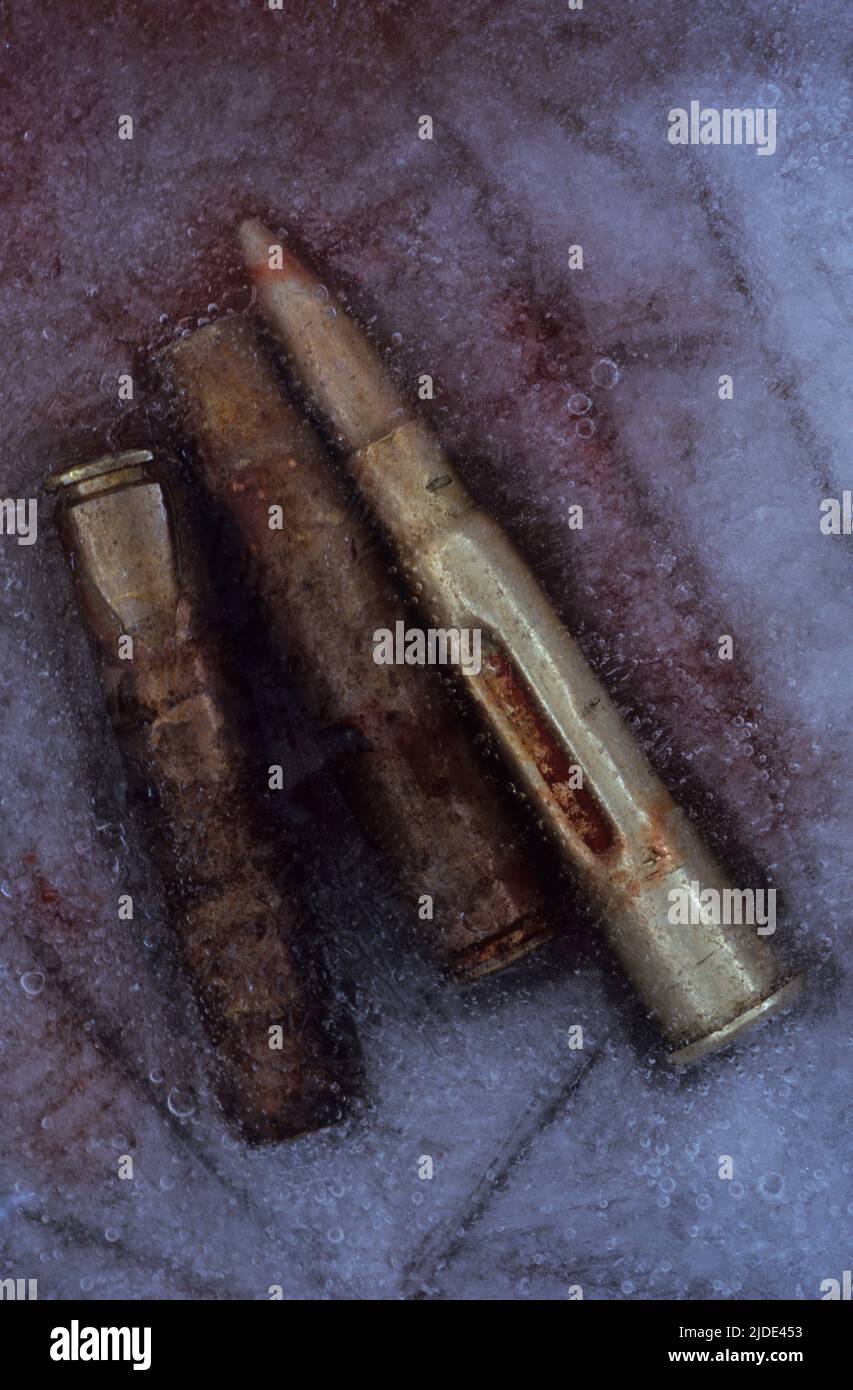 Unused explosive shell lying with two empty shell cases in ice stained ...