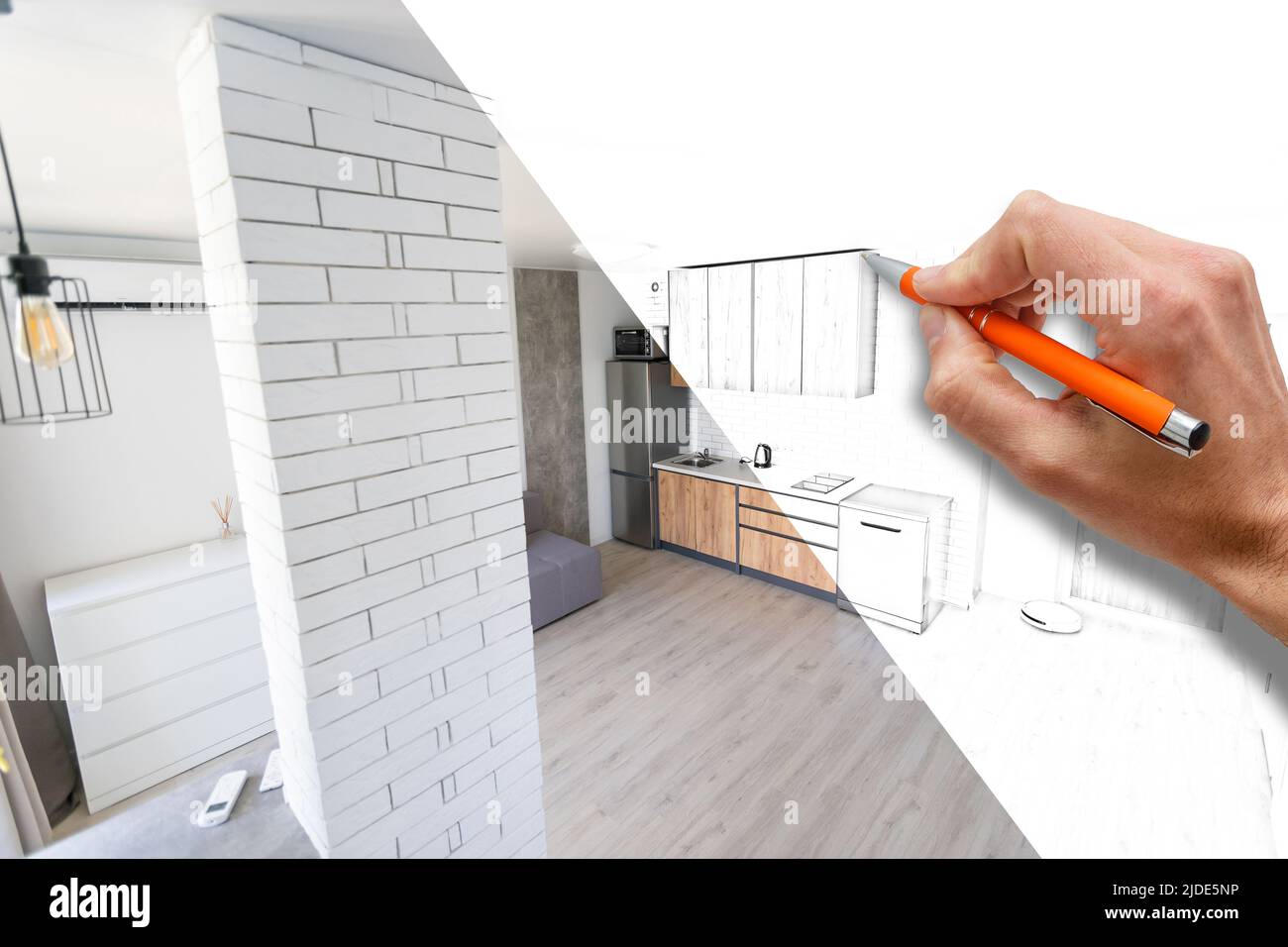 Stylish kitchen interior with modern furniture. Combination of photo ...