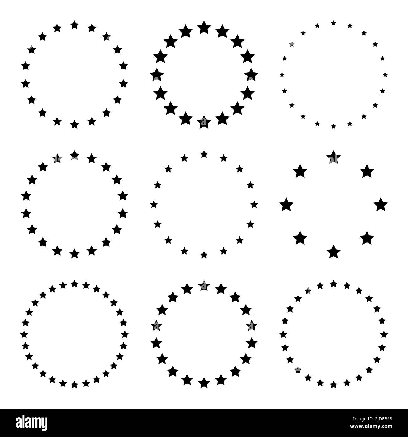 Stars of various sizes arranged in a circle. Round frame, border. Black ...
