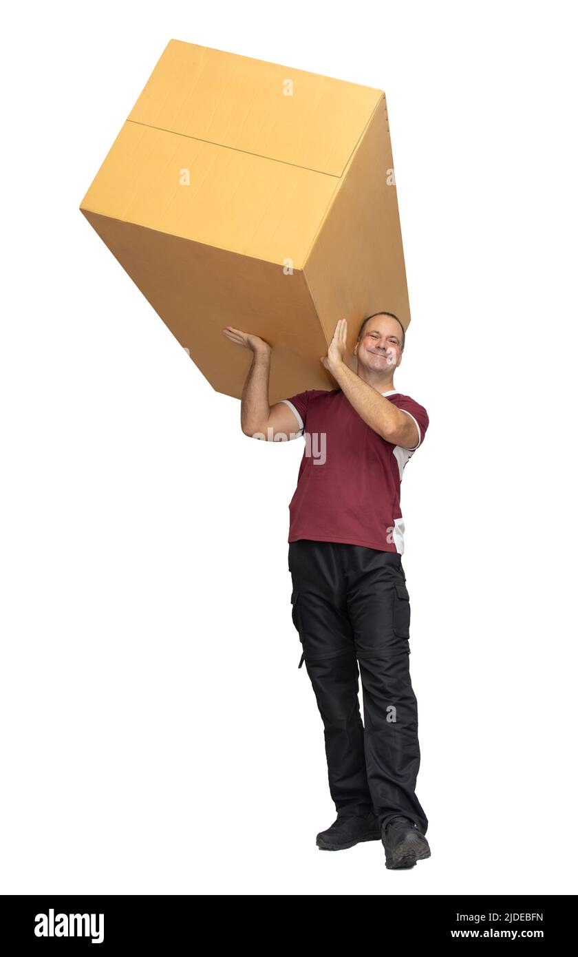 Courier delivering a large package, isolated on a white background ...