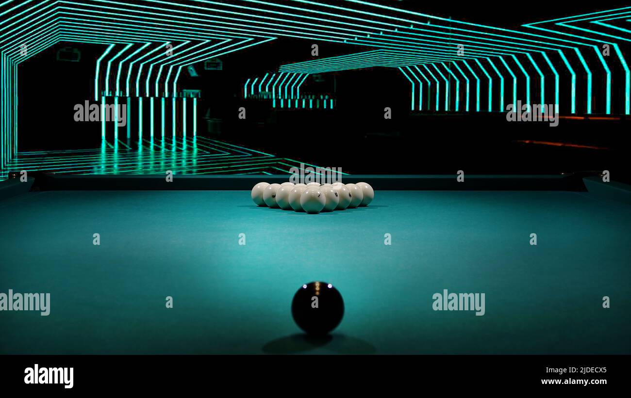 pool table with balls and cue Stock Photo - Alamy