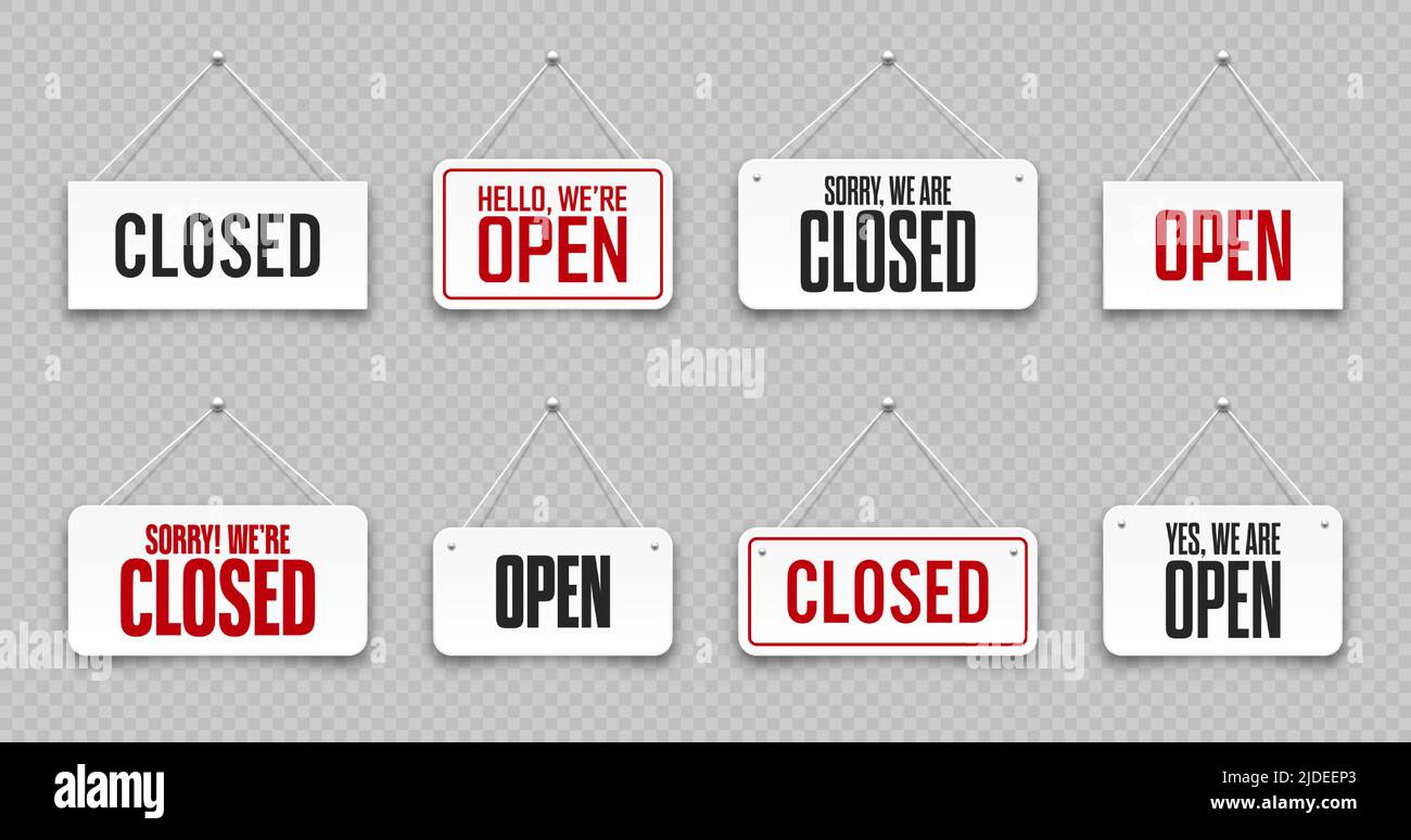 Realistic open or closed hanging signboards. Vintage door sign for cafe ...