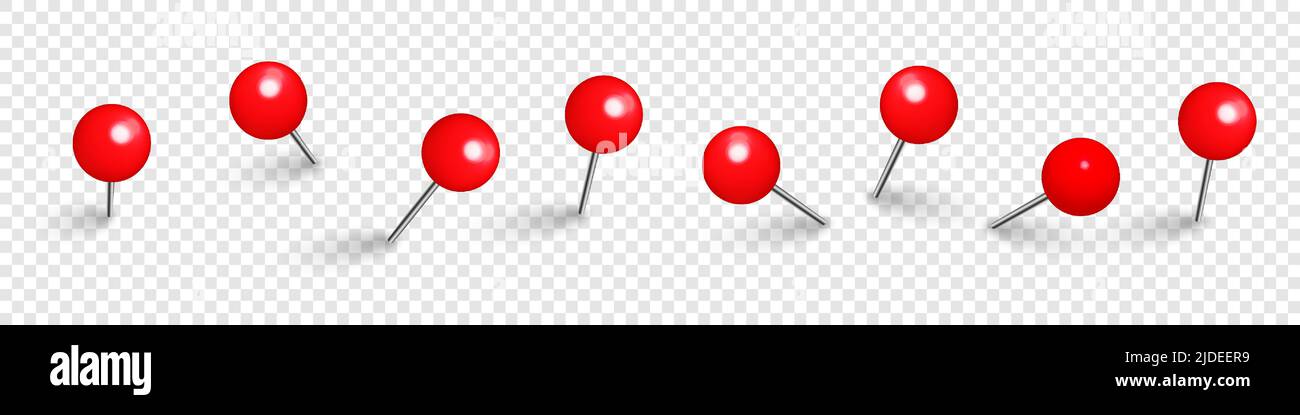Realistic red push pins. Board tacks isolated on transparent background ...