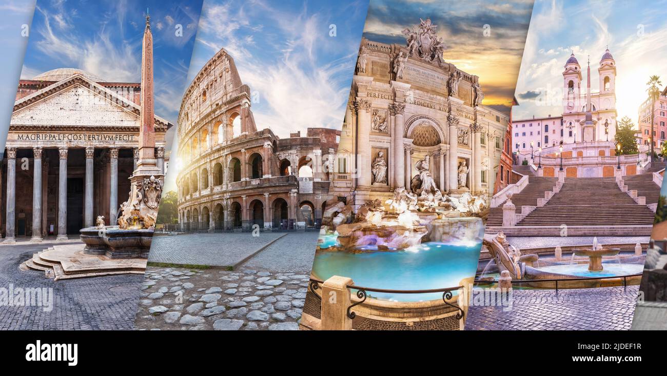 Coliseum, Trevi Fountain, Pantheon, Spanish Steps in one collage of ...