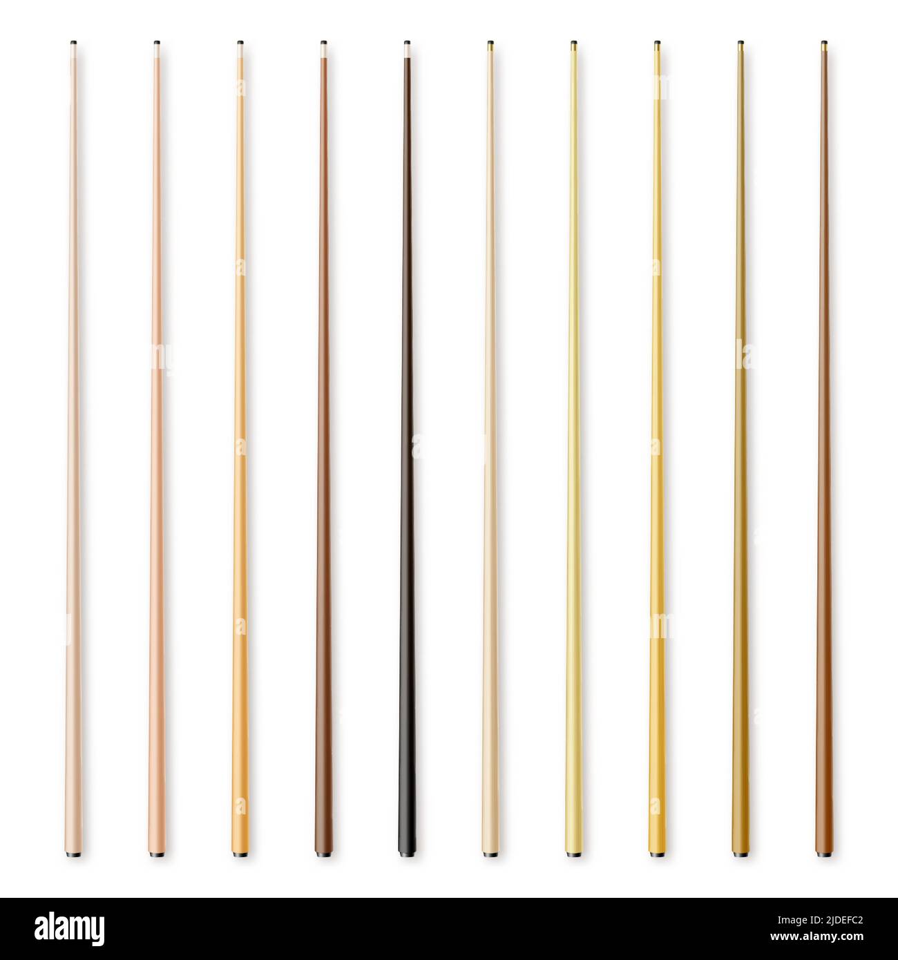 Various wooden billiard cues isolated on white background. Snooker sports equipment. Vintage ...