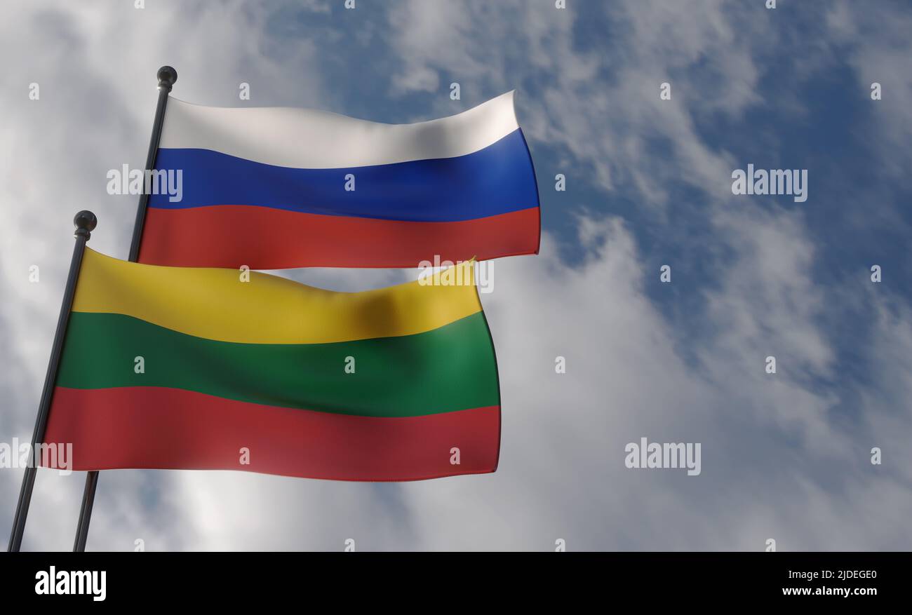 Lithuania and Russia flags. Blue sky and flag Lithuania and Russia. 3D ...