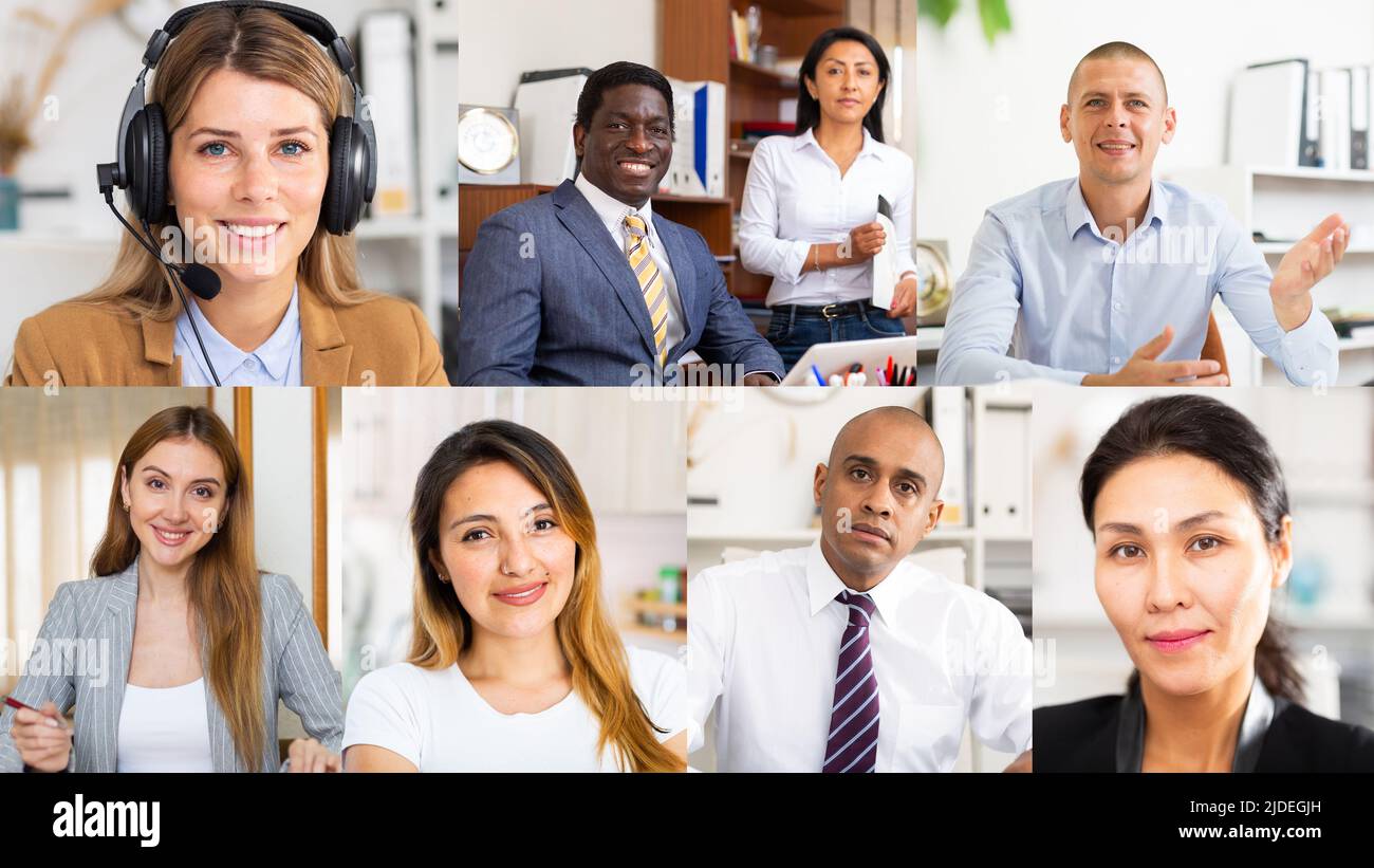 Collage of portraits of business people in various business situations ...