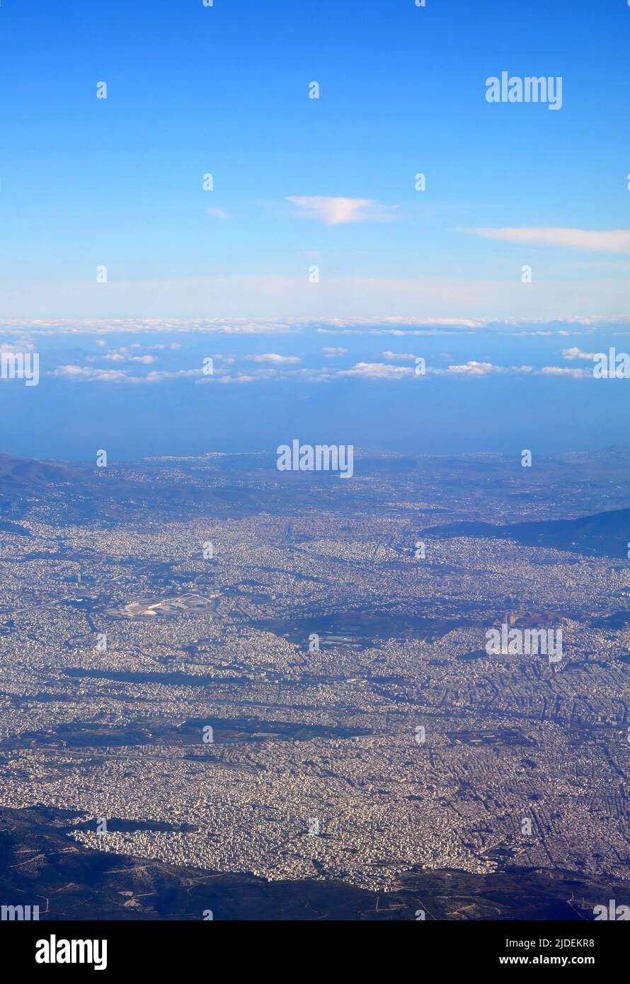 Aerial view of parts of Athens and surrounding mountains, during ...