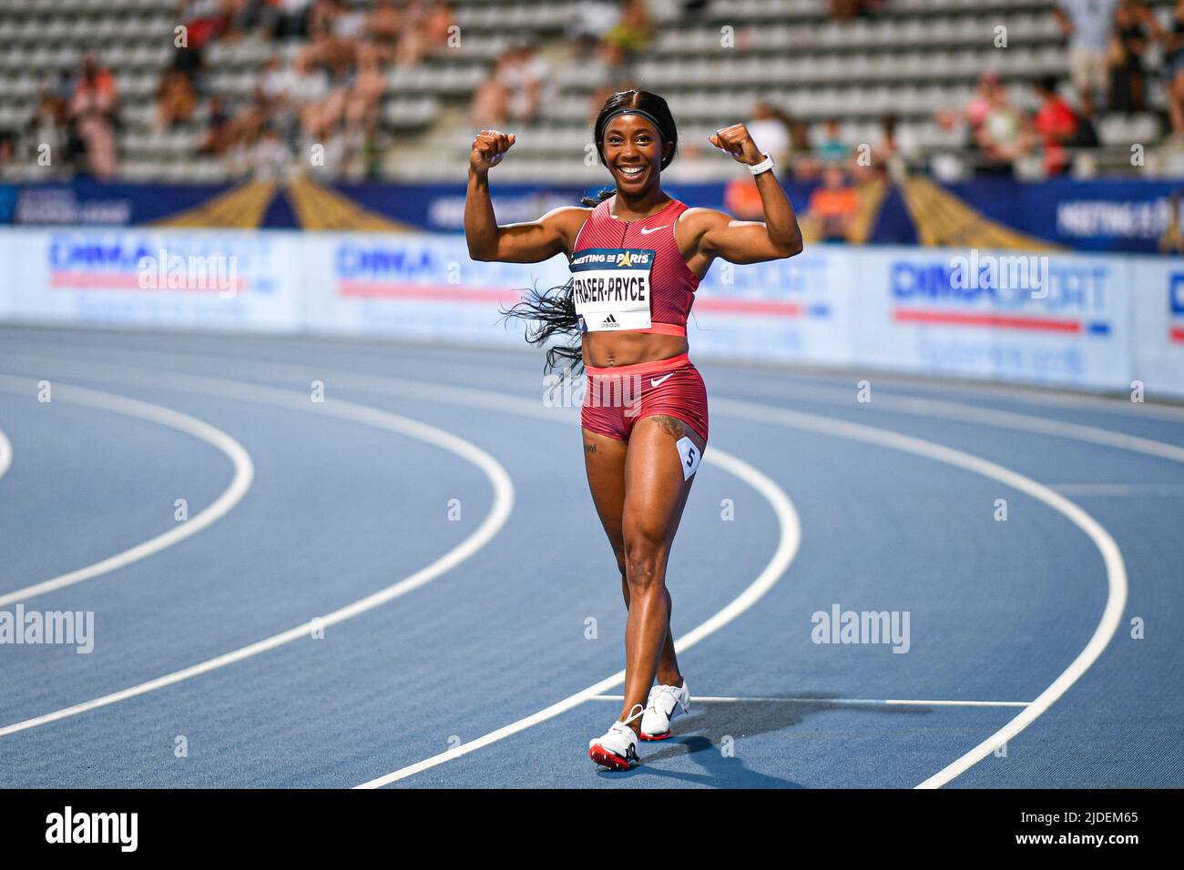 Shelly-Ann Fraser-Pryce of Jamaica wins the women's 100m during the Wanda Diamond League 2022 ...
