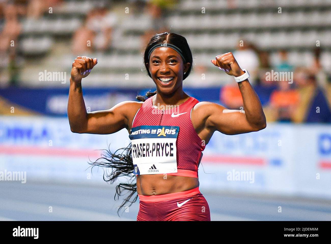 Shelly-Ann Fraser-Pryce of Jamaica wins the women's 100m during the Wanda Diamond League 2022 ...