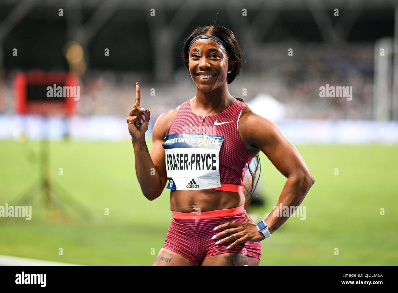 Shelly-Ann Fraser-Pryce of Jamaica wins the women's 100m during the Wanda Diamond League 2022 ...