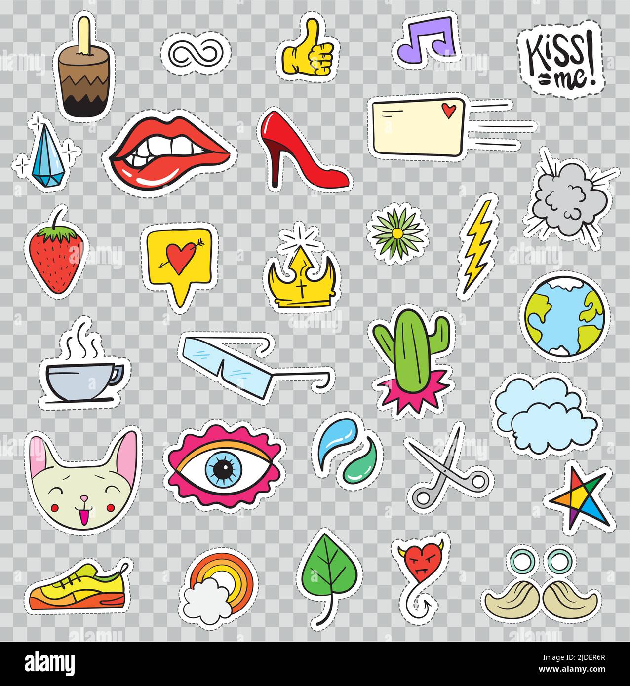 Set Of Patches Elements Like Flower Heart Crown Cloud Lips Mail