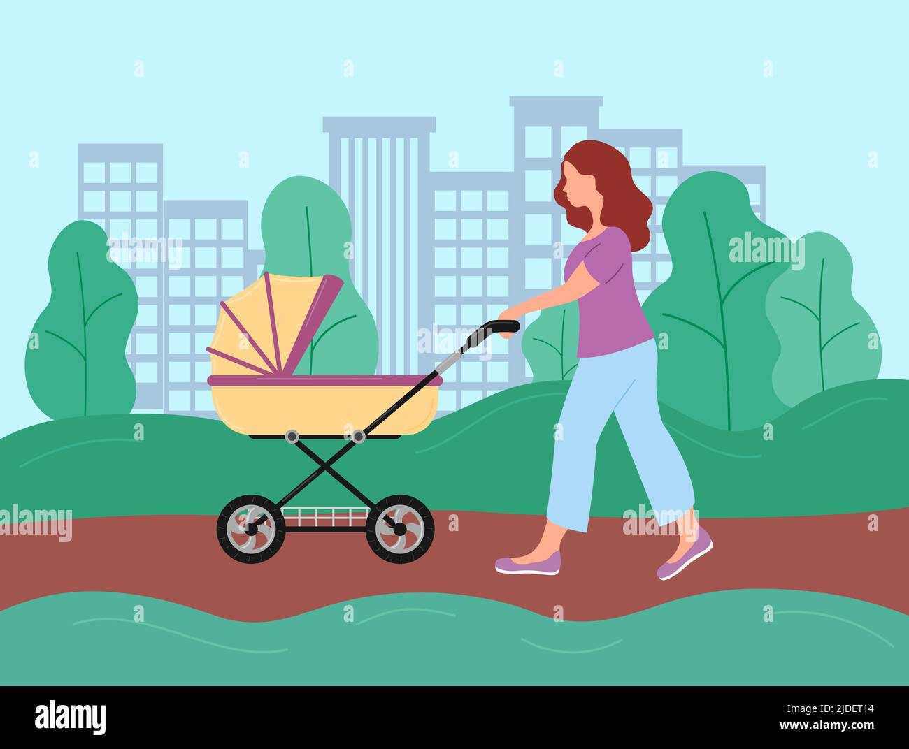 Walk with baby stroller in summer. Woman pushing pram for newborn ...