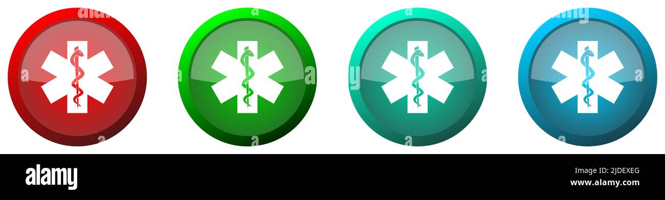 Emergency round glossy web icon set, colorful buttons isolated on white ...