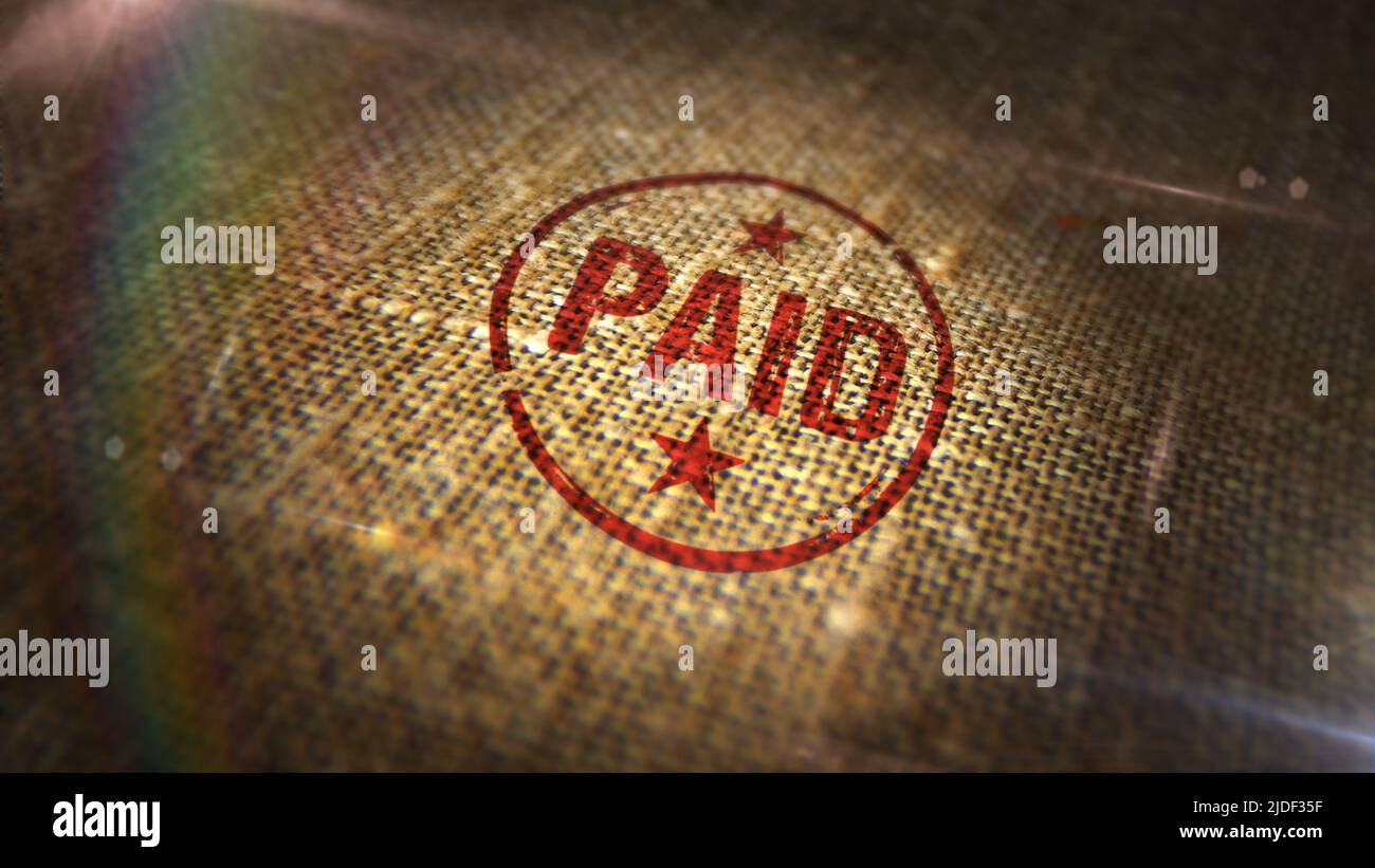 Paid stamp printed on linen sack. Check, tax and money payment symbol ...