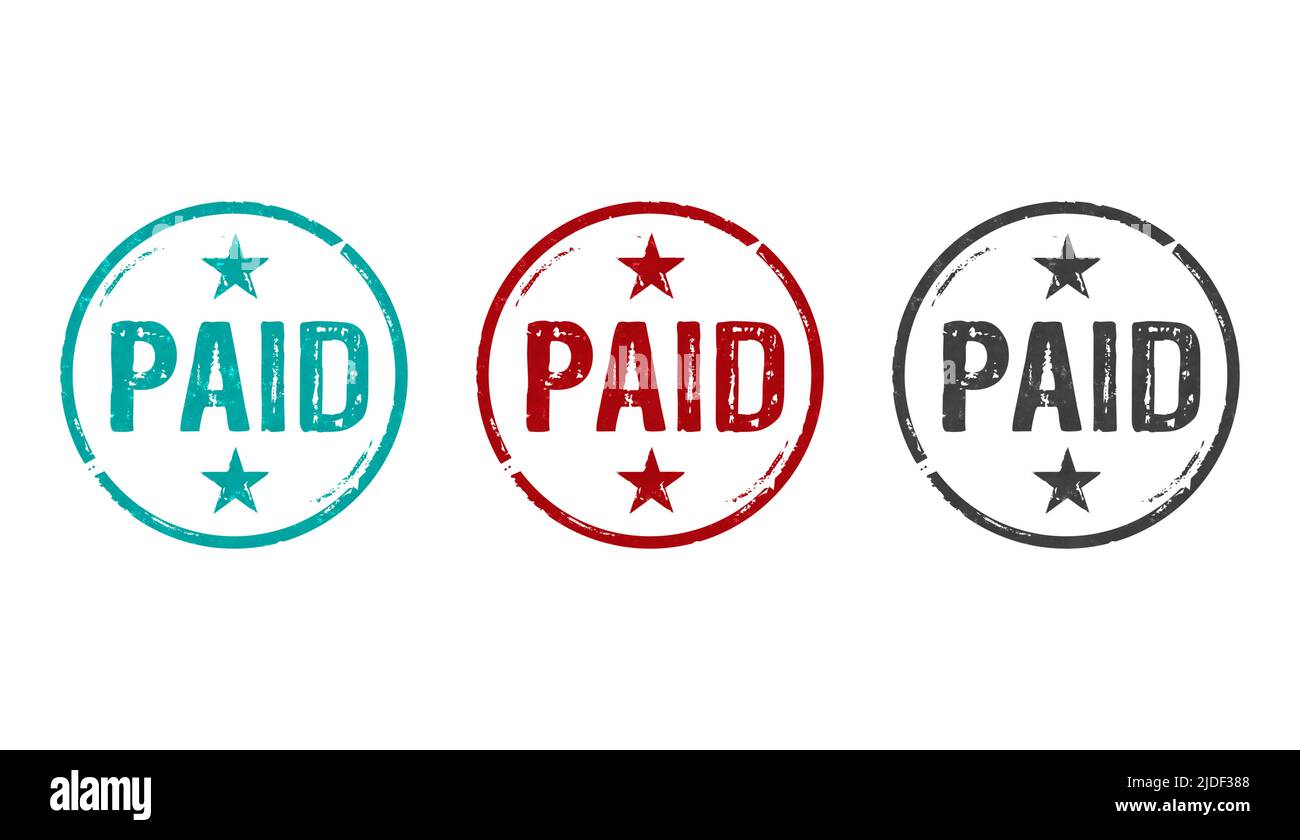 Paid stamp icons in few color versions. Check, tax and money payment ...