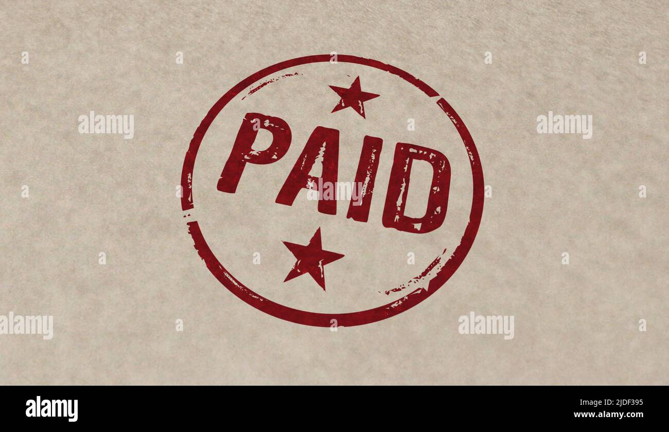 Paid stamp icons in few color versions. Check, tax and money payment ...