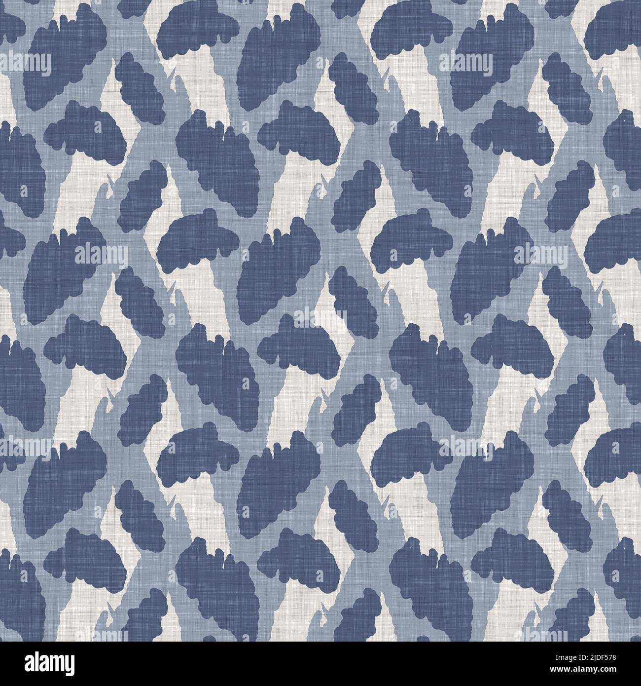 French blue doodle motif linen seamless pattern. Tonal country cottage ...