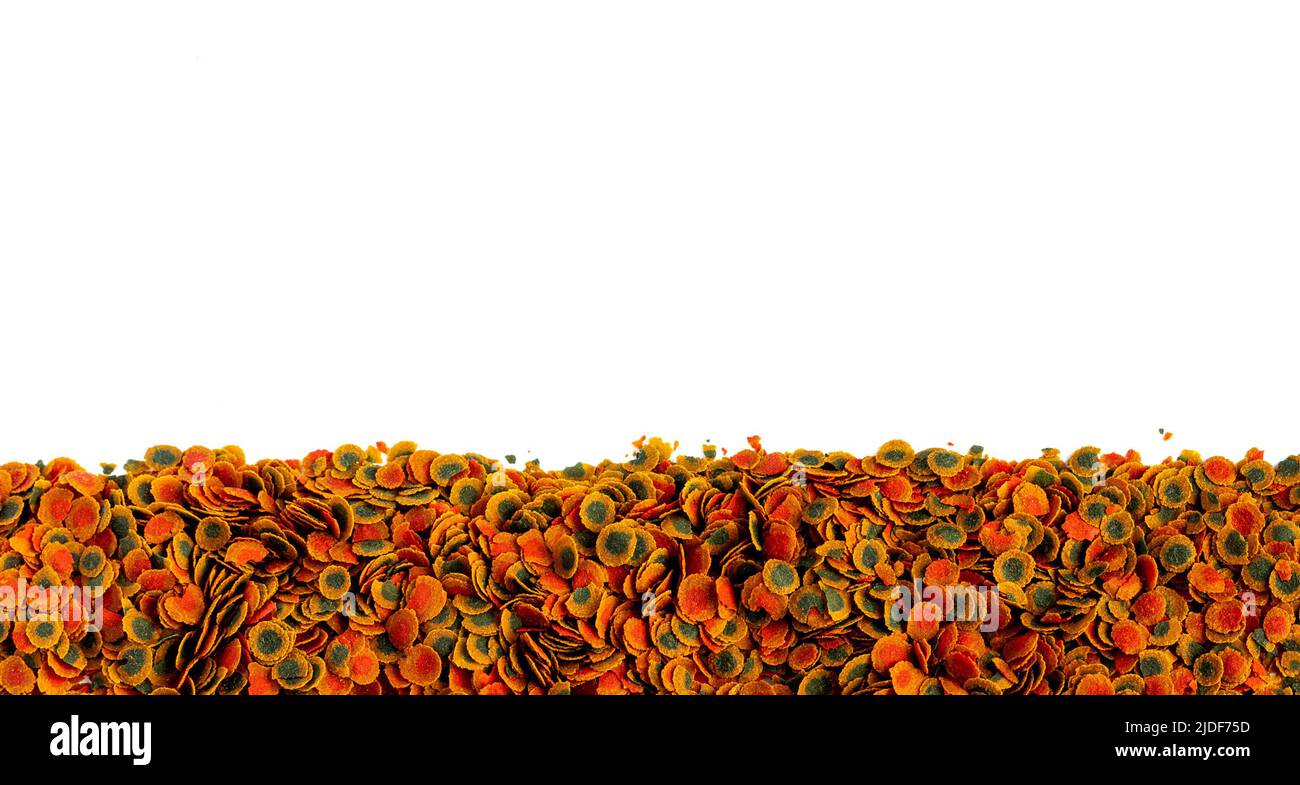 Dry colorful flakes compound fish feed flakes. Top view Stock Photo - Alamy