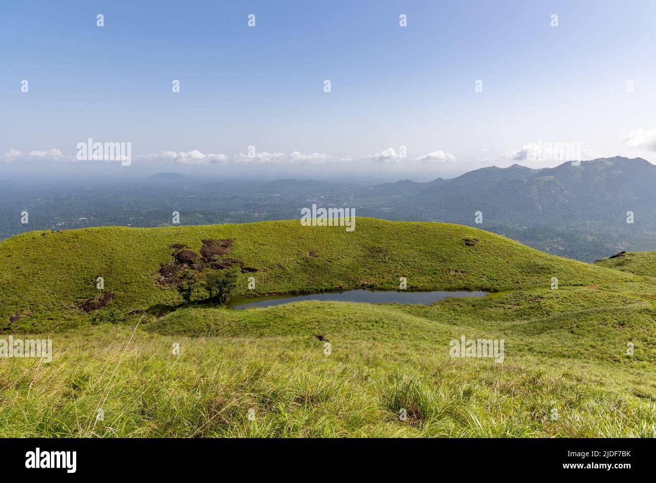 View of a small lake while trekking to Chembra Peak in Wayanad, Kerala ...