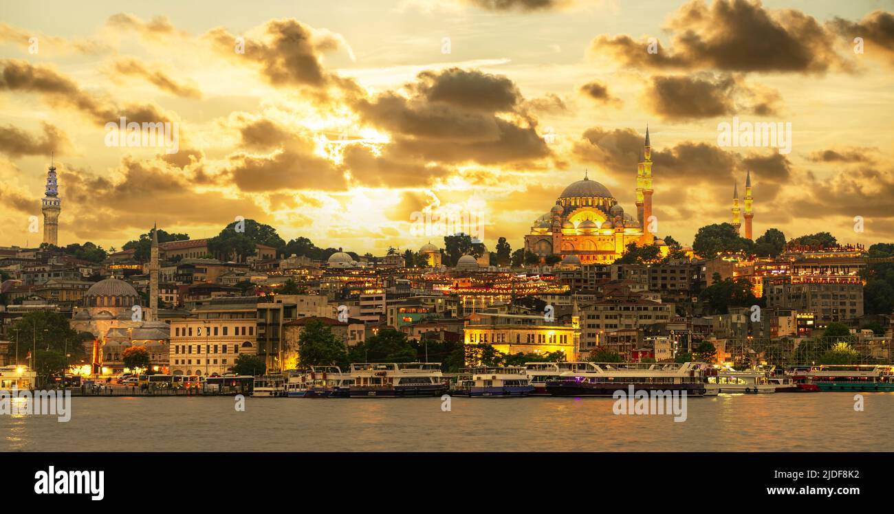 Istanbul night view with beautiful dramatic sky. Fatih district and The ...